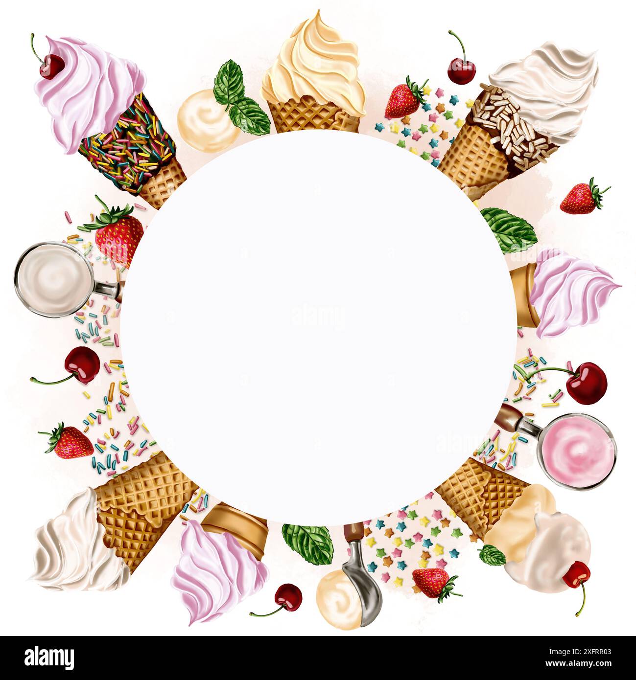 ice cream frame. Ice cream cones, chocolate cones with colored ...