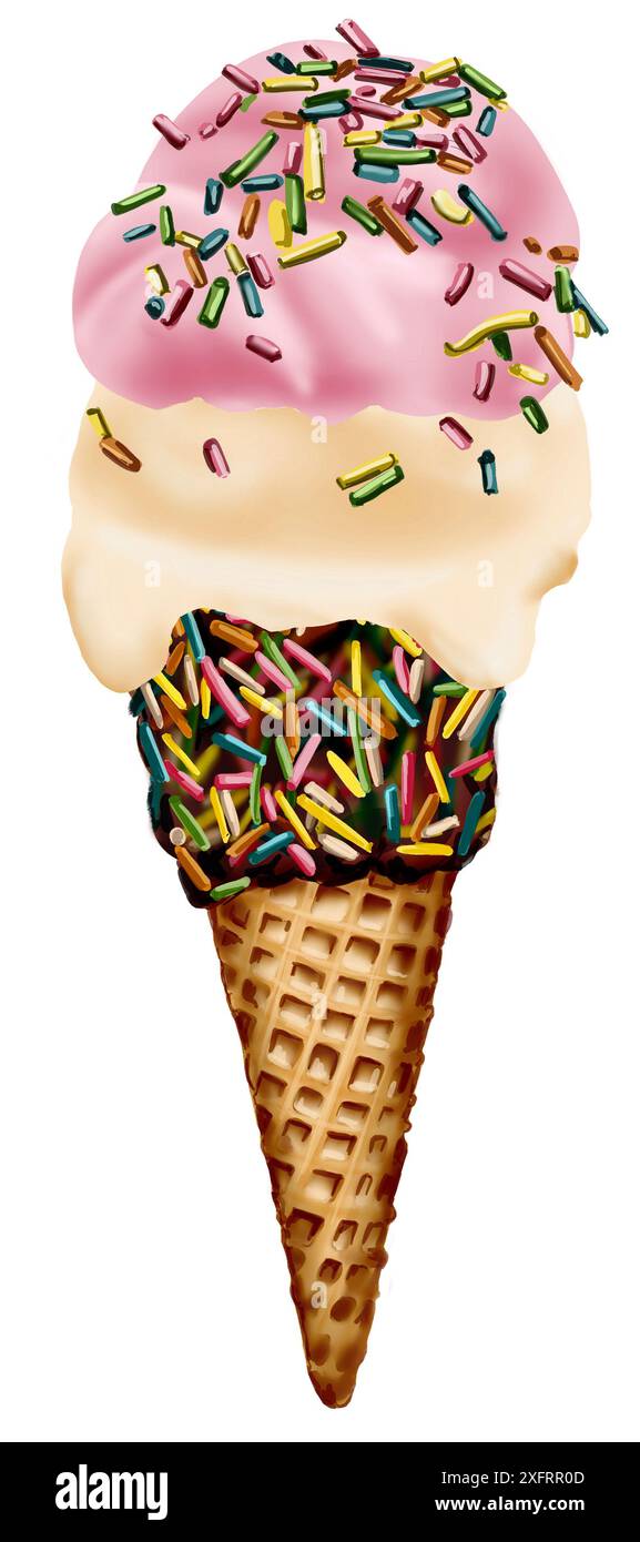 A waffle cone with dark chocolate on top and colored sprinkles. Two ...
