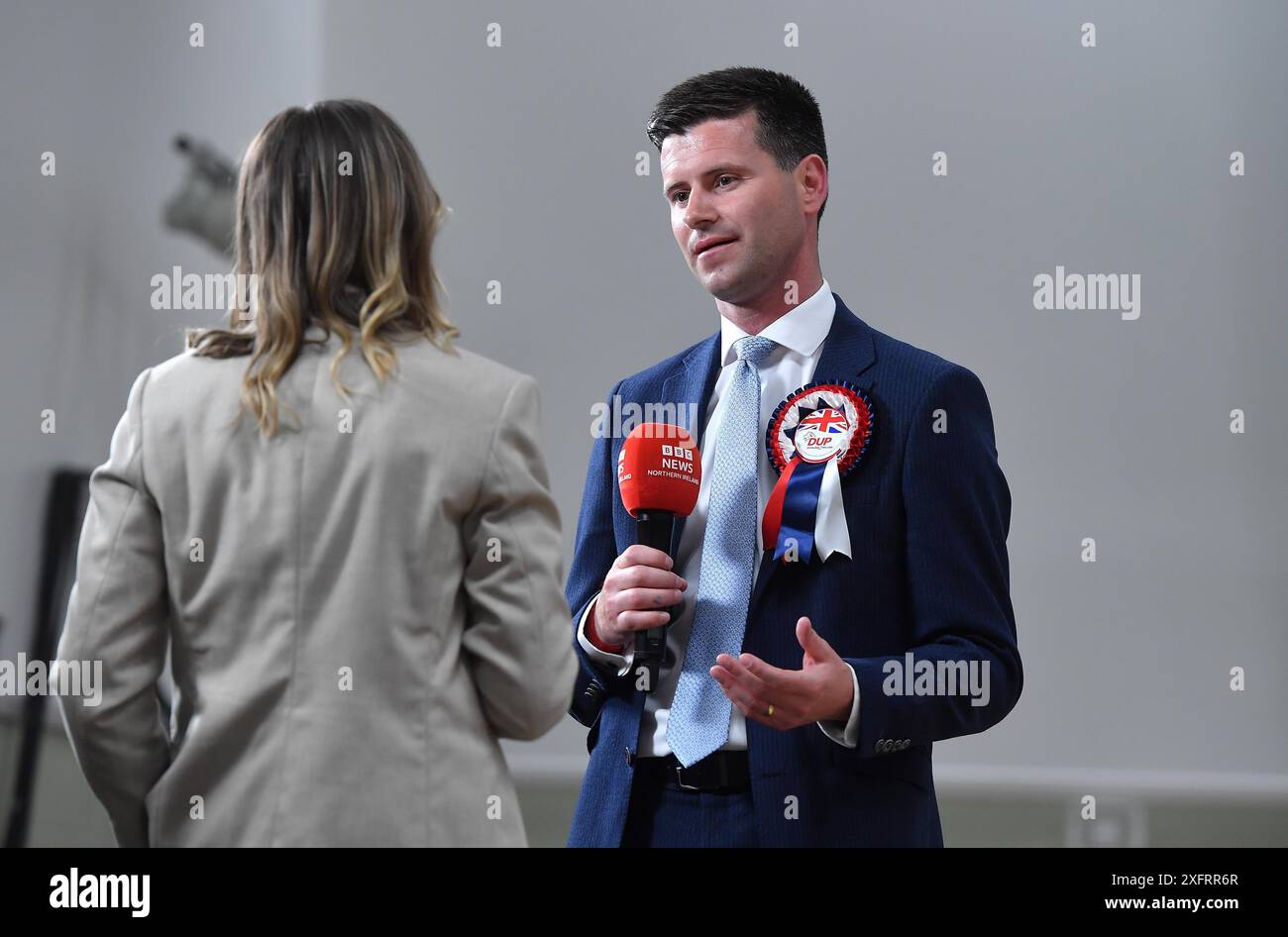 Jonathan Buckley from the DUP speaks to the media at the South Lake ...