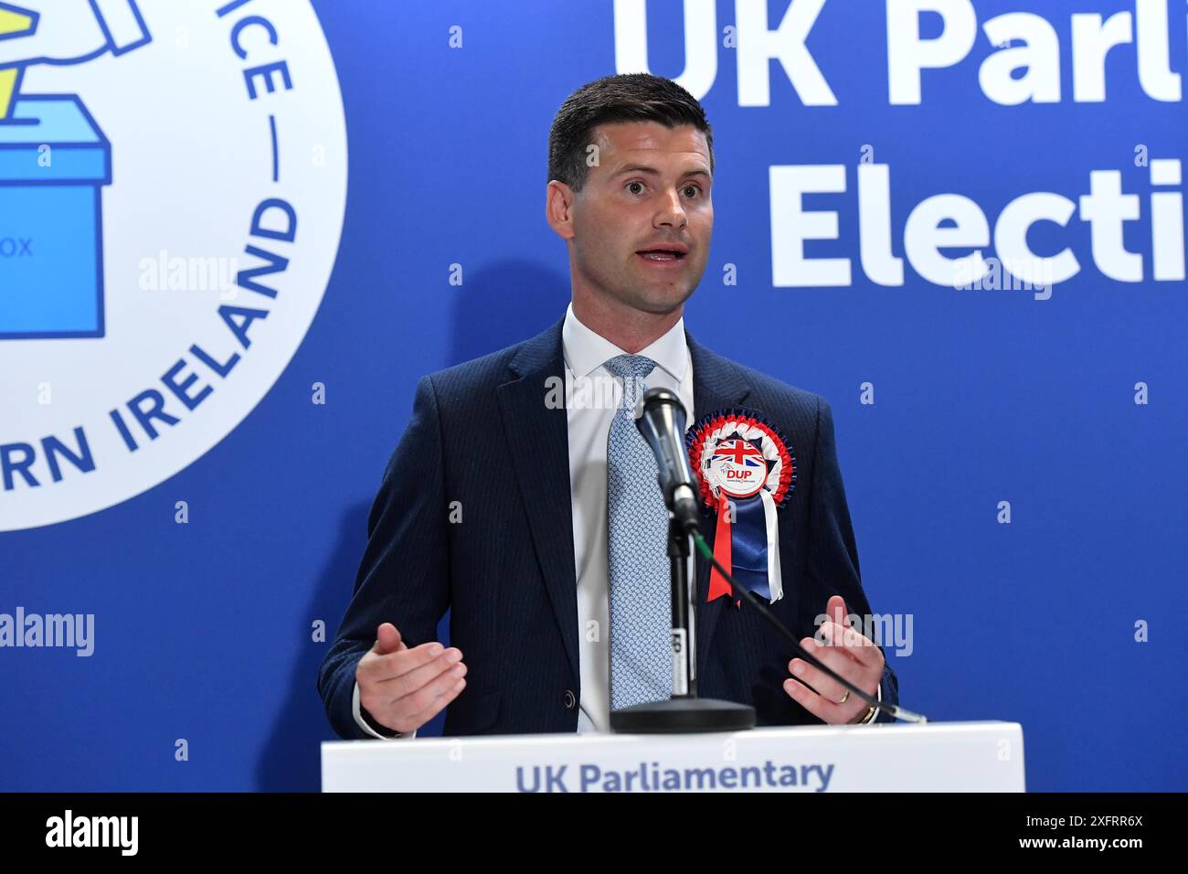 Jonathan Buckley from the DUP gives a speech at the South Lake Leisure ...