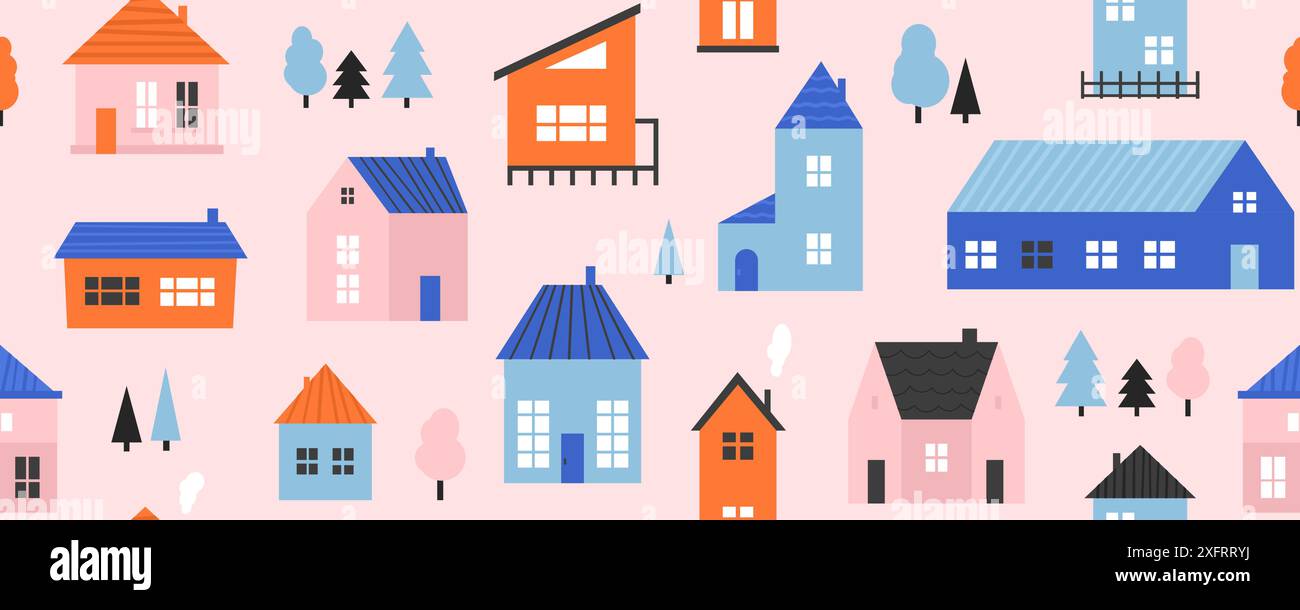 Small cute house seamless pattern. Cute cartoon village town repeated texture. Doodle cozy tiny ...
