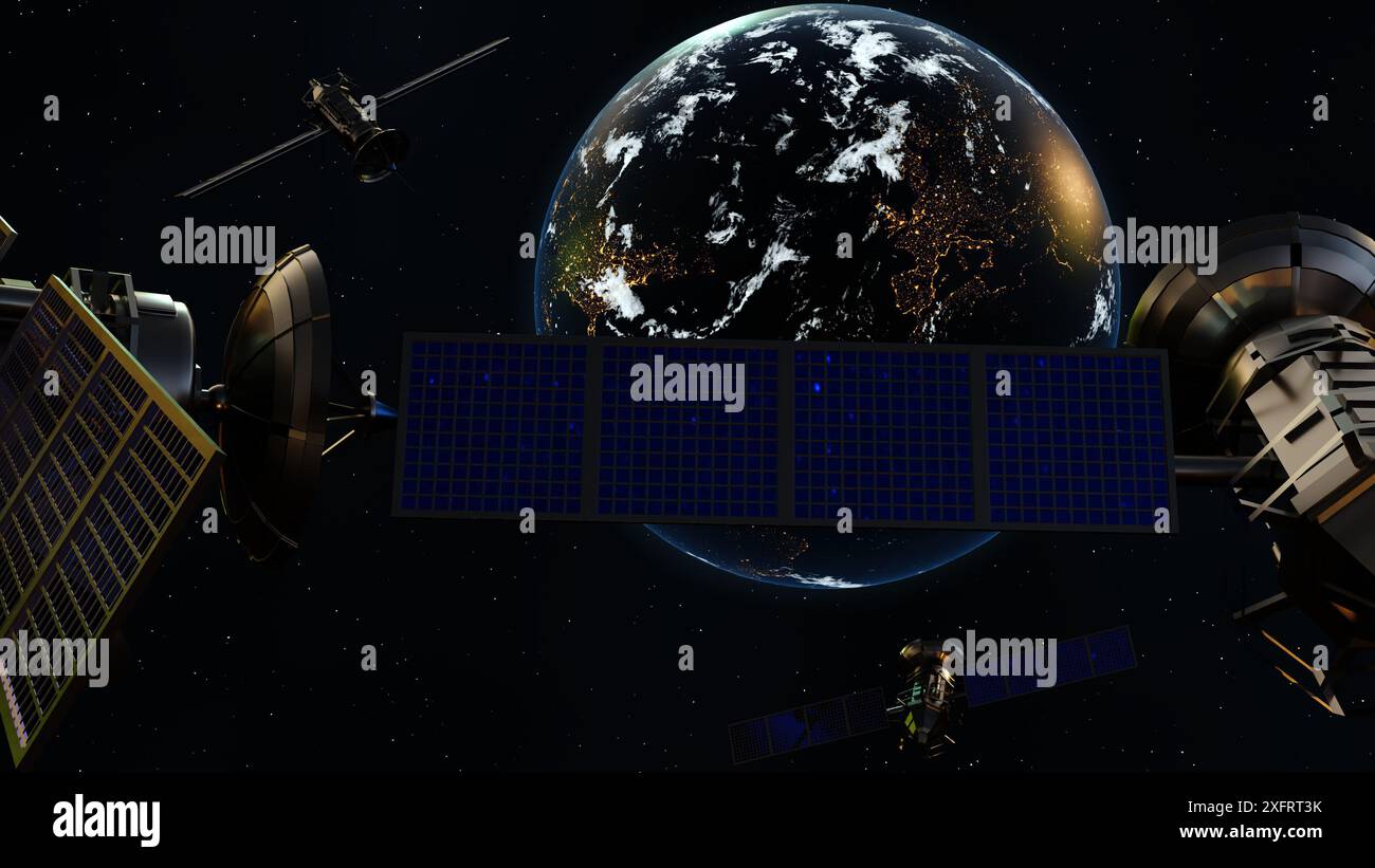 A 3D model of a blue satellite in orbit around the Earth. The satellite ...
