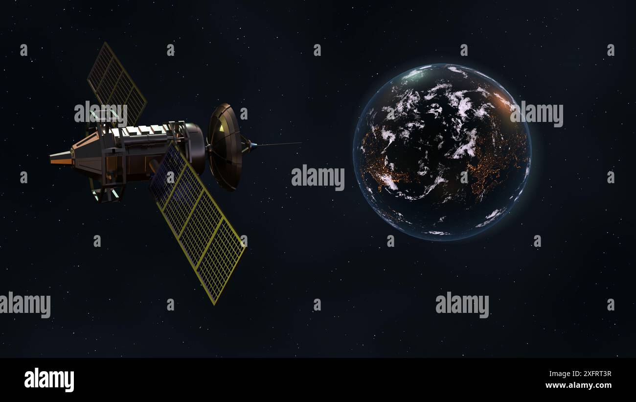 A 3D model of a blue satellite in orbit around the Earth. The satellite ...