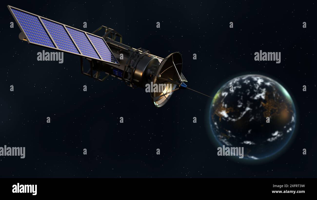 A 3D model of a blue satellite in orbit around the Earth. The satellite ...