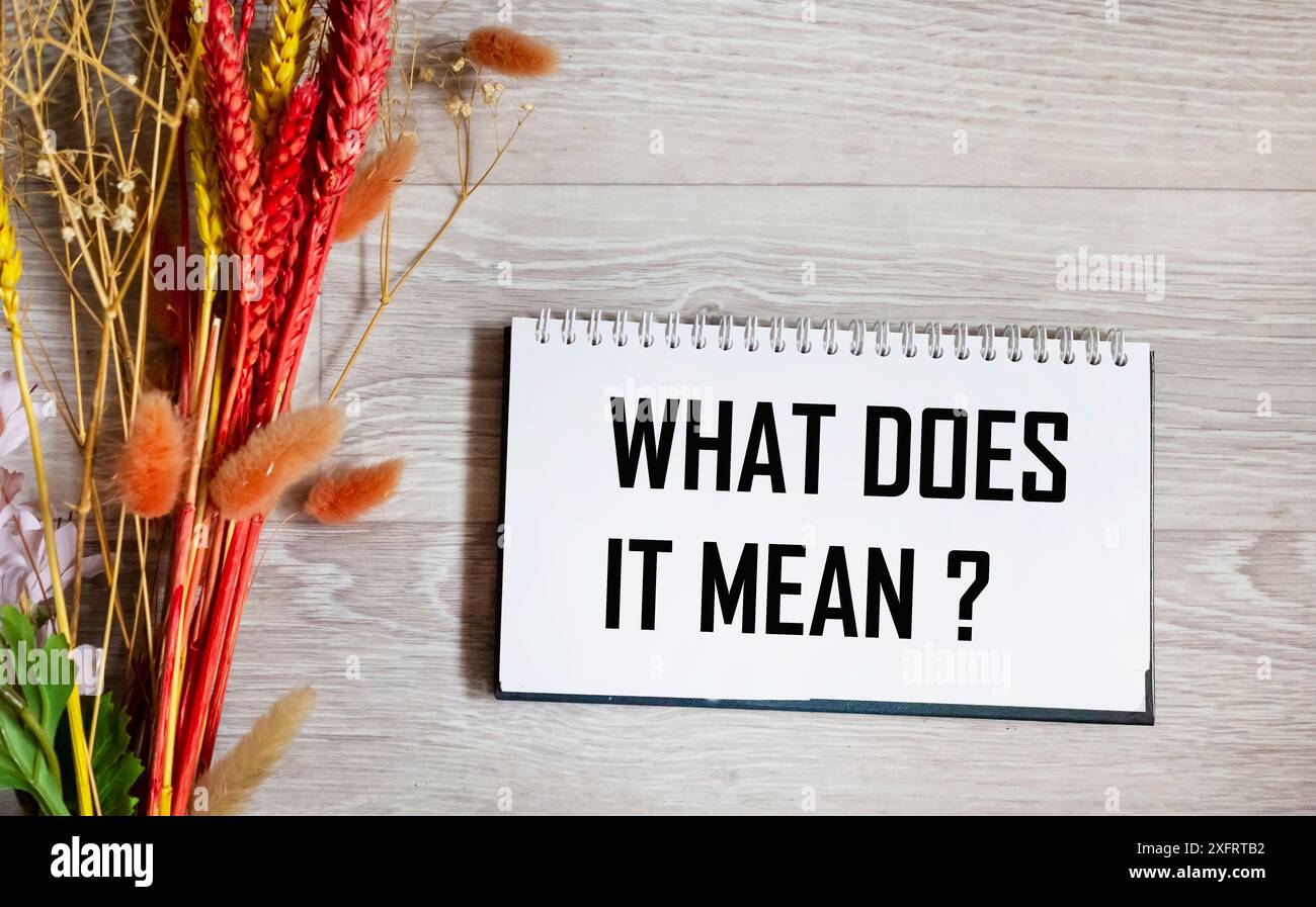 Notepad on a gray background with the text WHAT DOES THIS MEAN ...