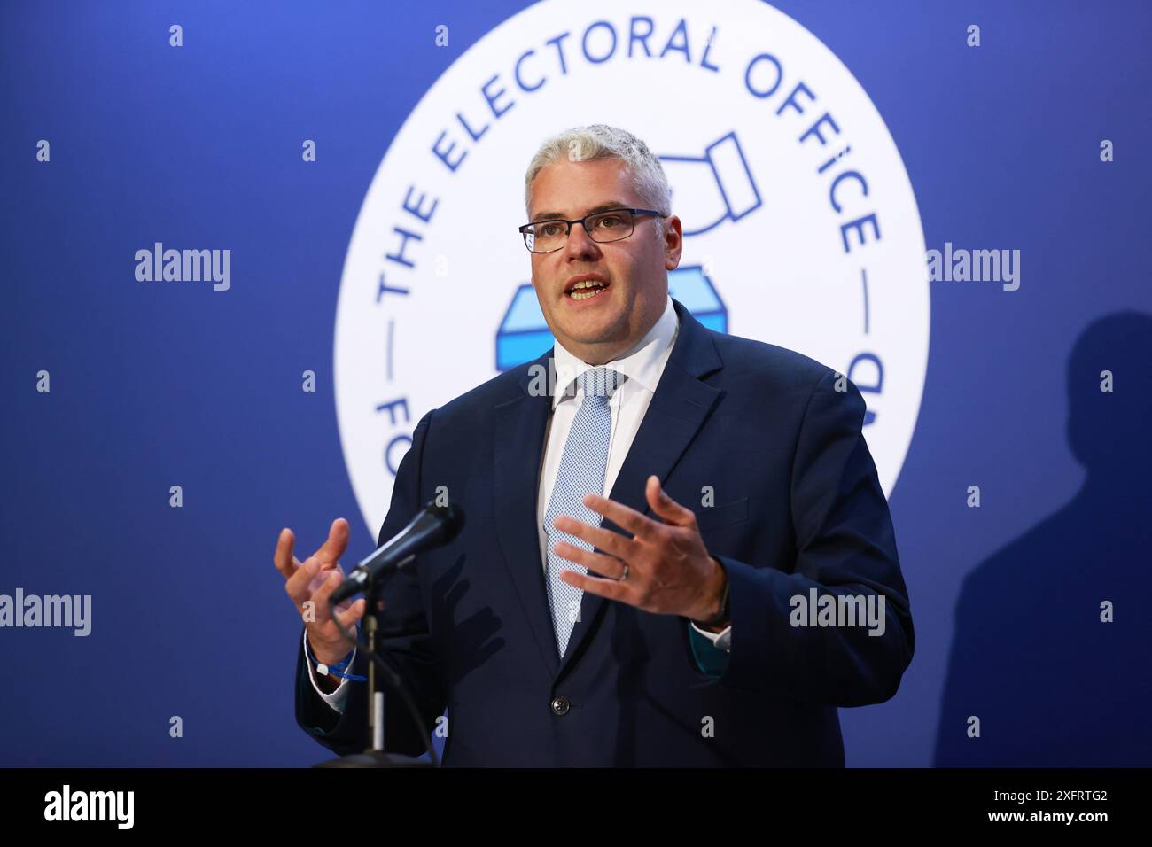 DUP leader Gavin Robinson gives a speech after retaining his seat in ...