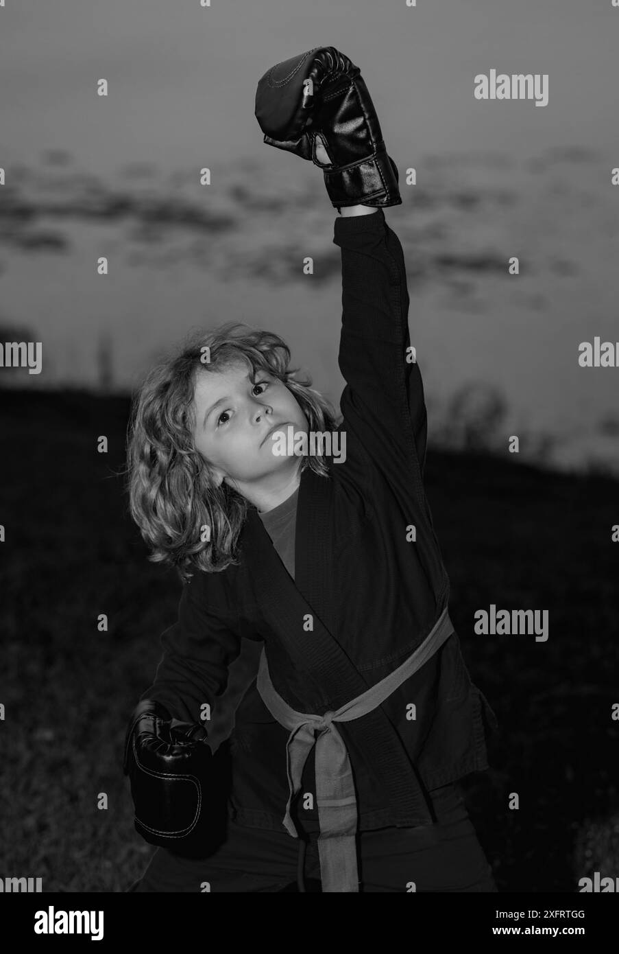 Kid boy practicing karate outdoor. Sport karate kids. Little boy ...