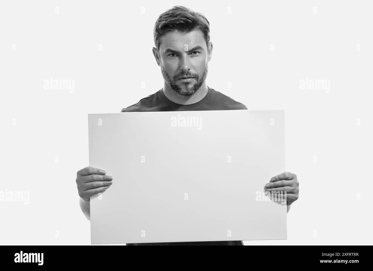 Man holds the sign, blank card. Placard ready for your product. Sign to ...
