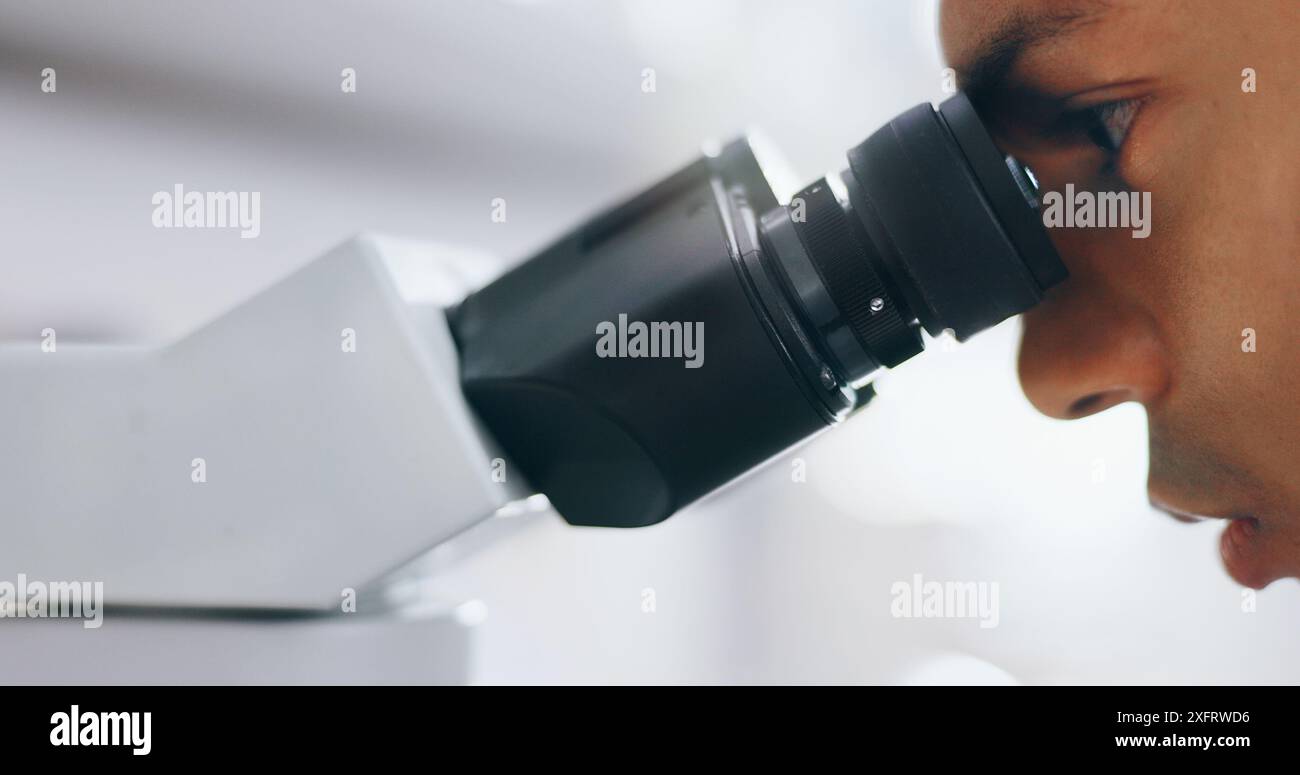 Medical, research and person with microscope, science and check ...