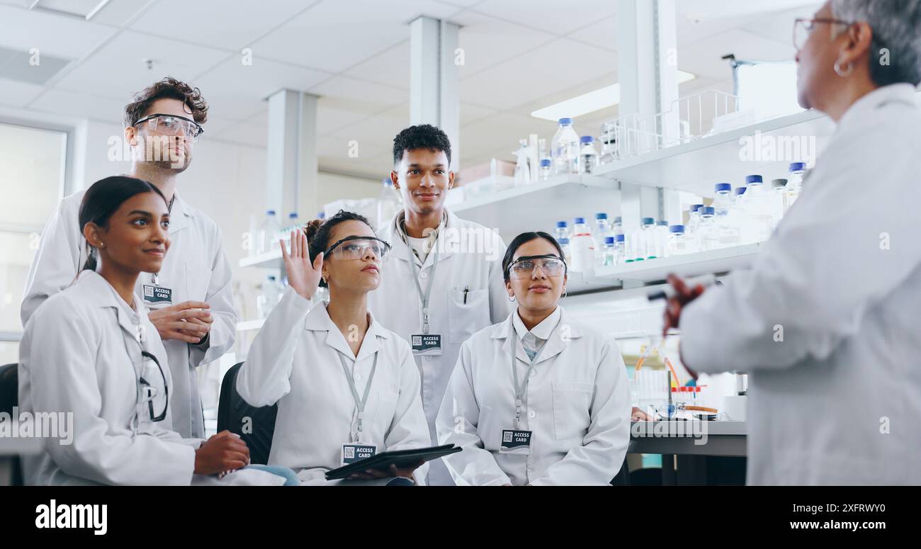 Science, lab and students with question for professor, biotechnology ...