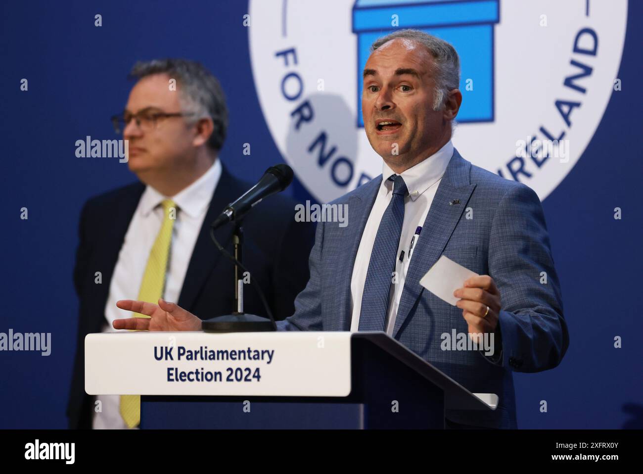 Alex Easton, Independent Unionist candidate, gives a speech after he is ...