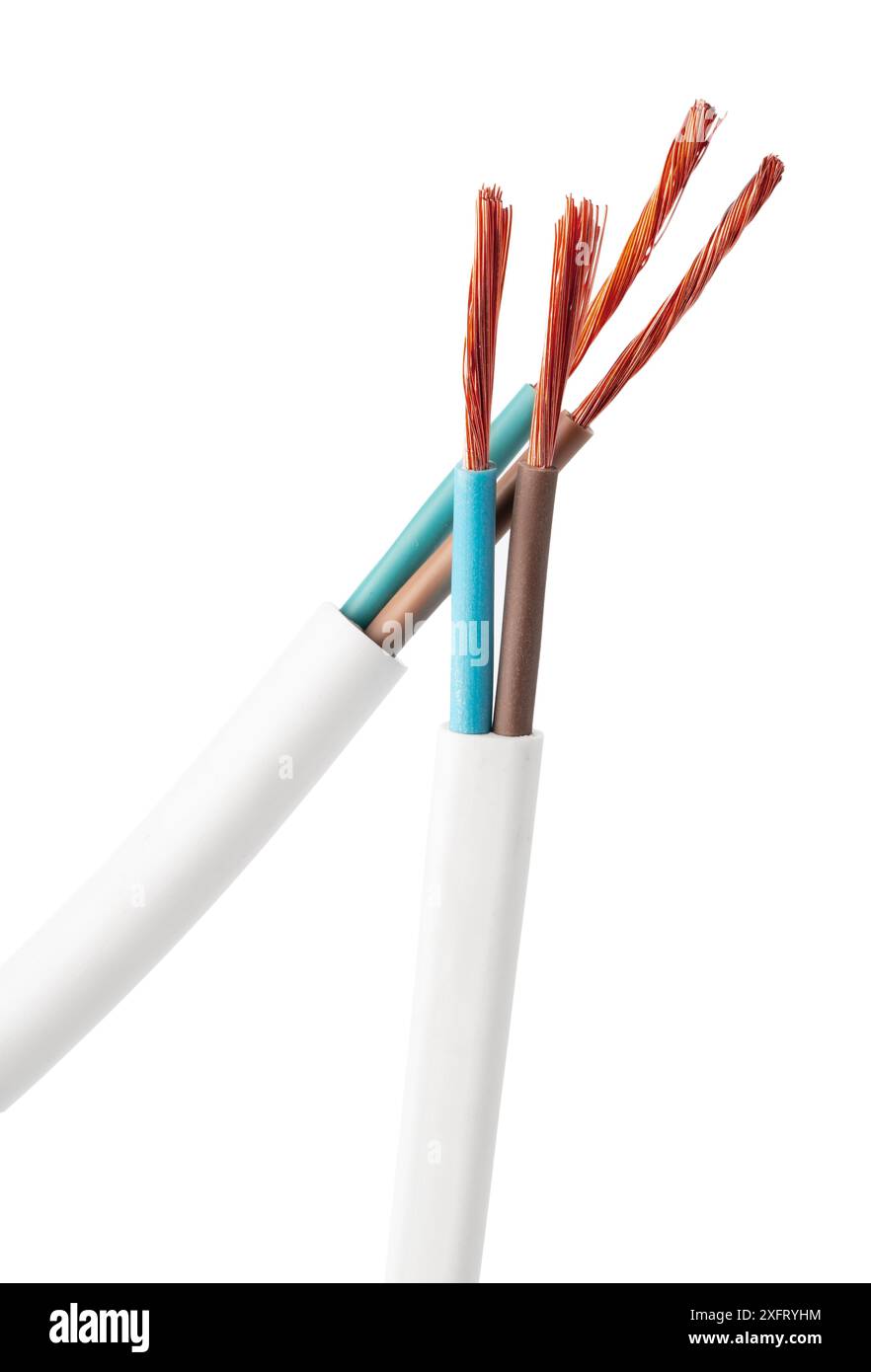 Close Up of Stripped Three-Wire Electrical Cable With White Insulation ...