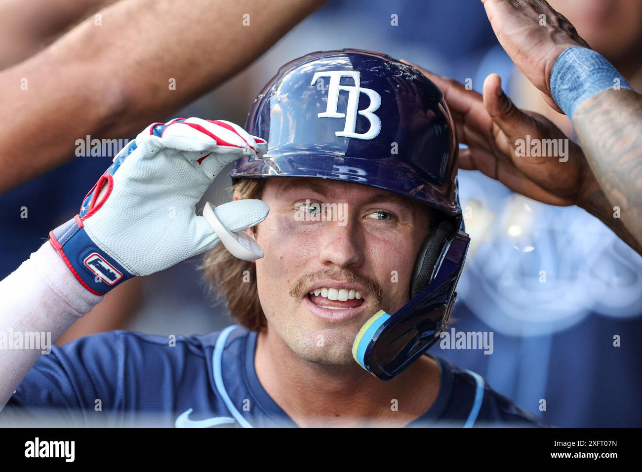 July 4, 2024: Tampa Bay Rays outfielder Jonny DeLuca (21) celebrates ...