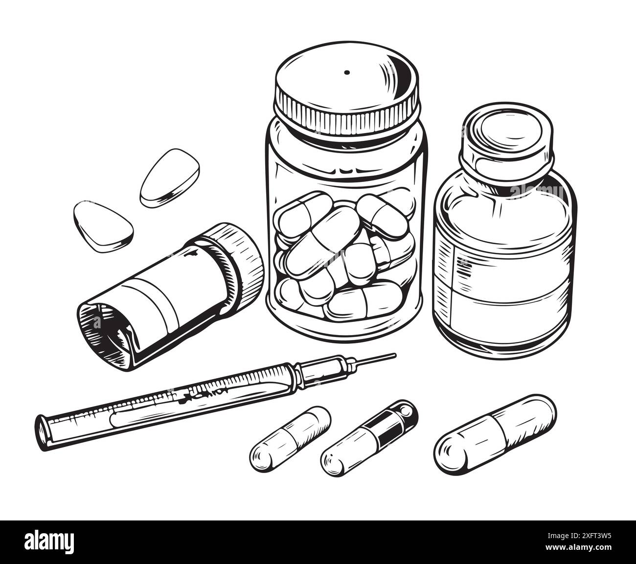 Vector set of hand drawn black and white pills and medicines. Vector ...