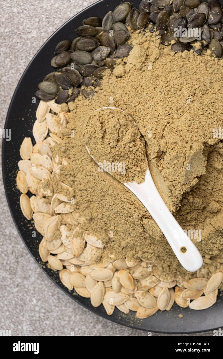 Flour from ground fresh pumpkin seeds, a superfood, a plant-based ...