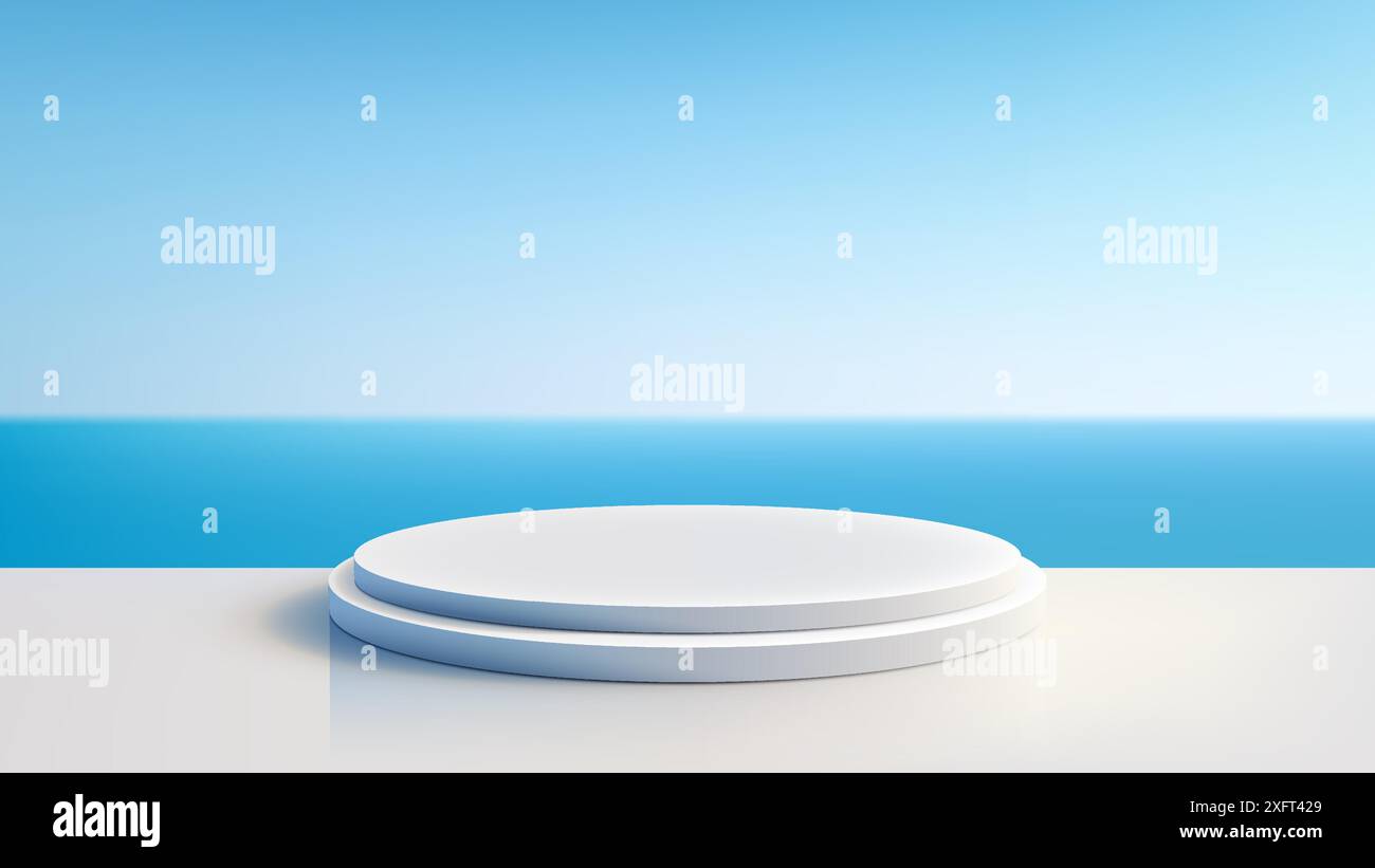 3D White Round Platform with Blue Ocean and Blue Sky Background ...