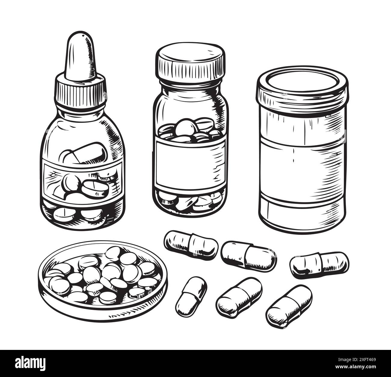 Vector set of hand drawn black and white pills and medicines. Vector ...