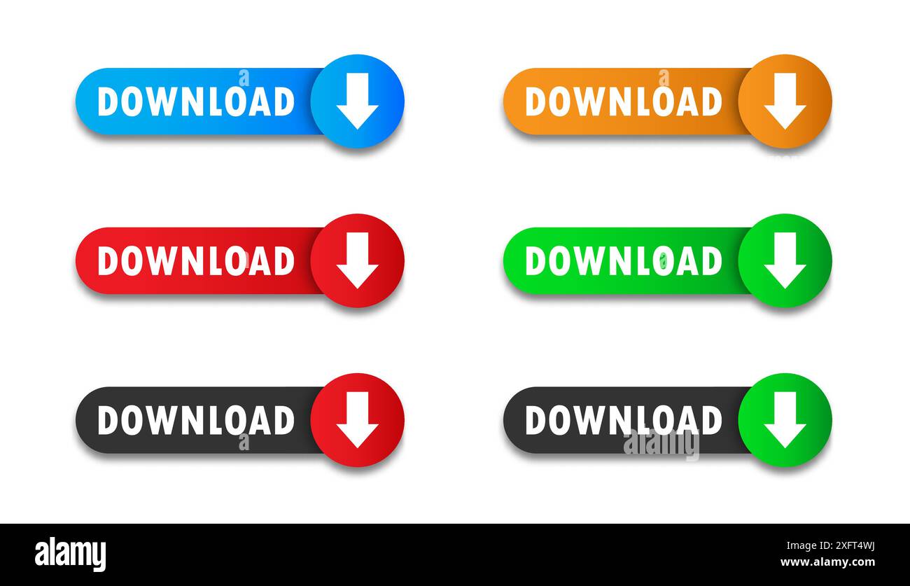 Download button set. Colorful badges with text, arrows, and shadows ...