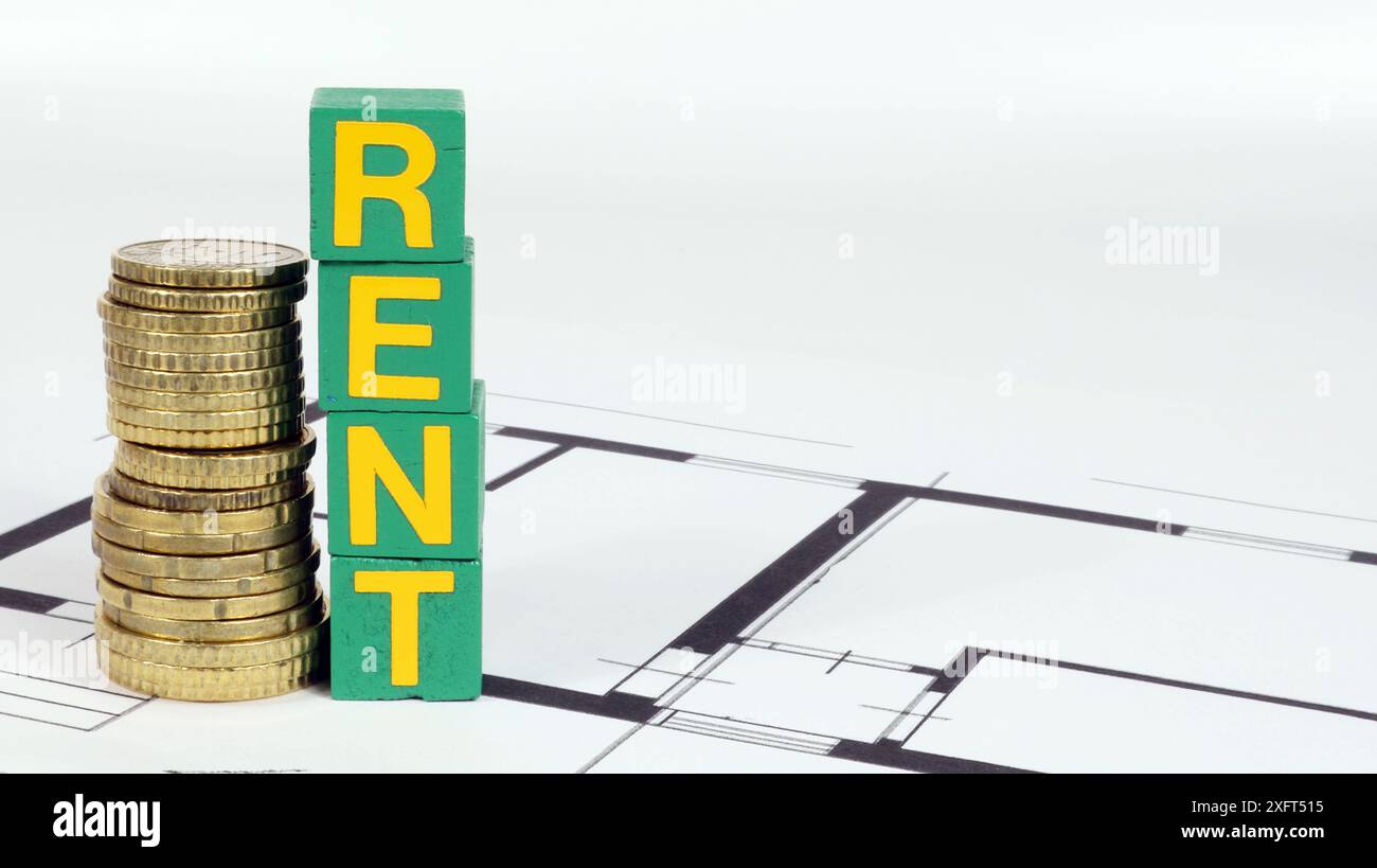 House for sale with written "RENT" 3D and with Euro coins on a ...