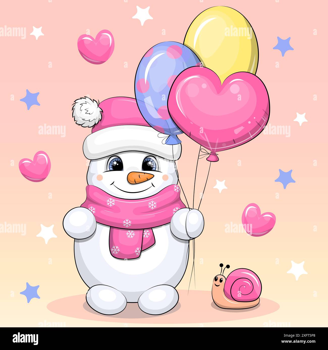 Cute cartoon snowman with balloons and snail. Christmas Vector ...