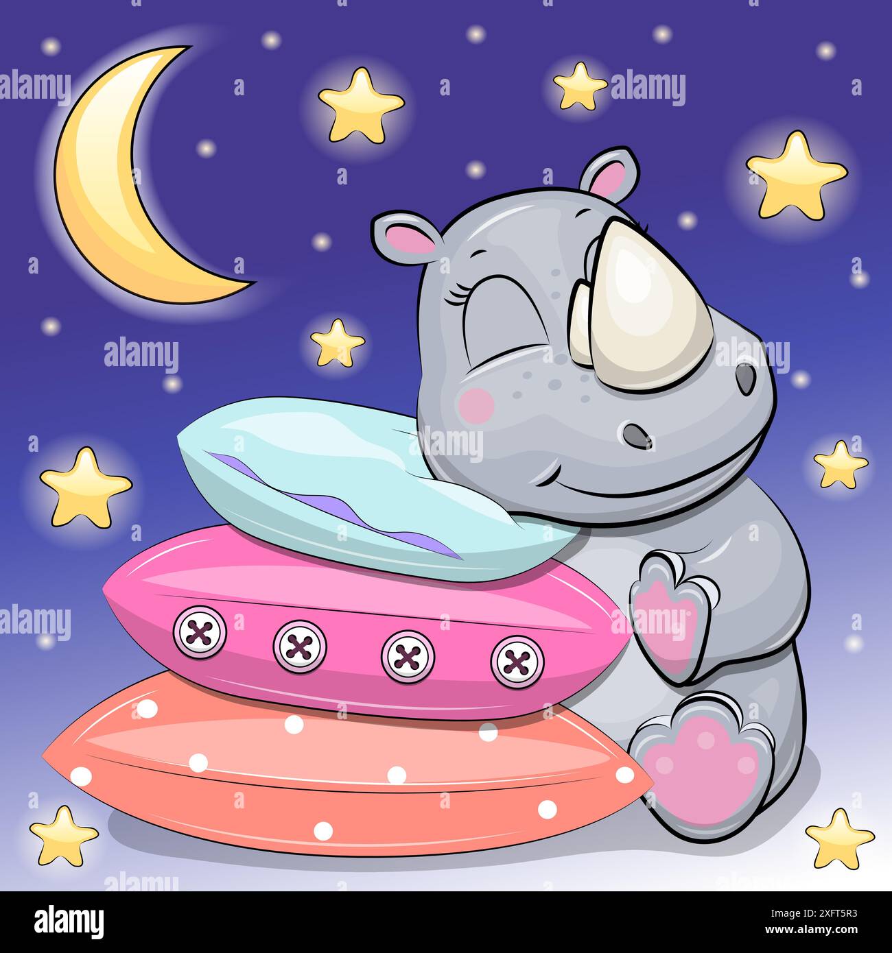 Cute cartoon rhino is sleeping on the pillows. Night vector ...