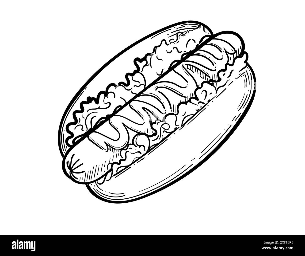 Hand drawn hot dog sketch with sausage and sauce vector illustration ...