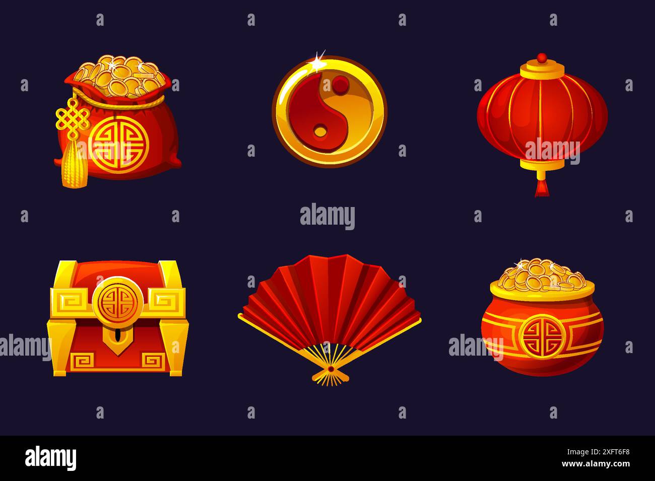 Set of Chinese golden-red icons. Chinese bag with coins, Yin Yan coin ...