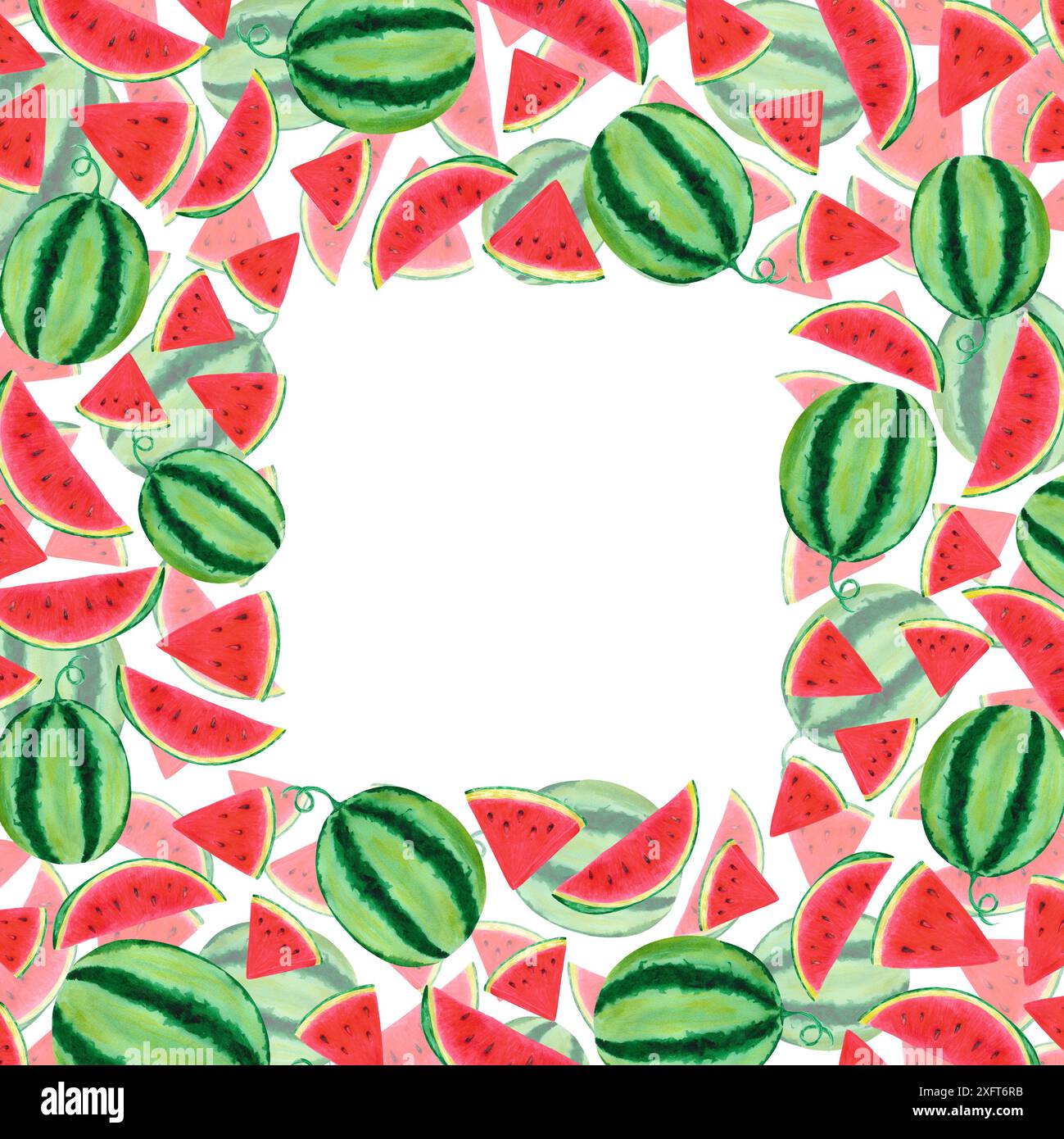 Hand drawn watercolor watermelon with slices frame border isolated on ...