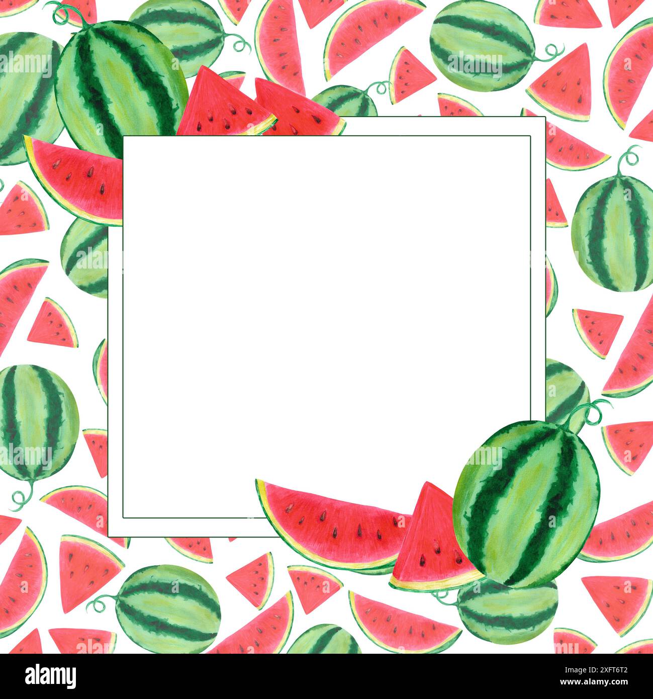 Hand drawn watercolor watermelon with slices frame border isolated on ...
