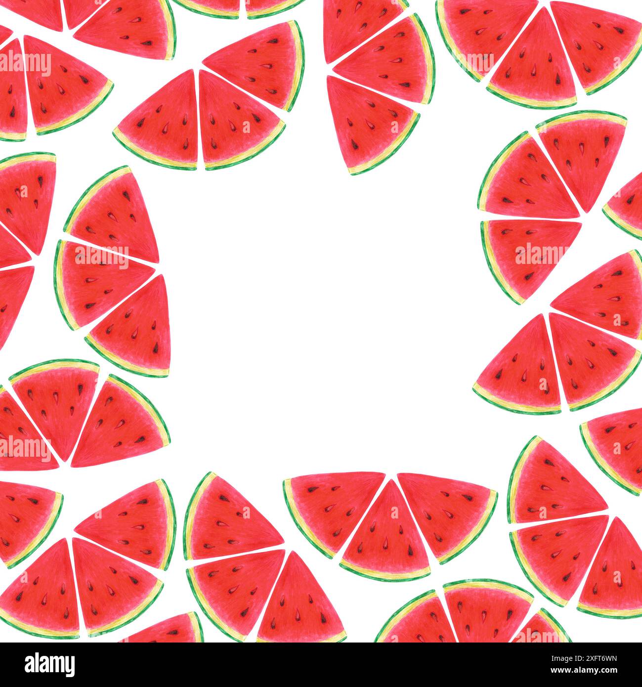 Hand drawn watercolor watermelon with slices frame border isolated on ...
