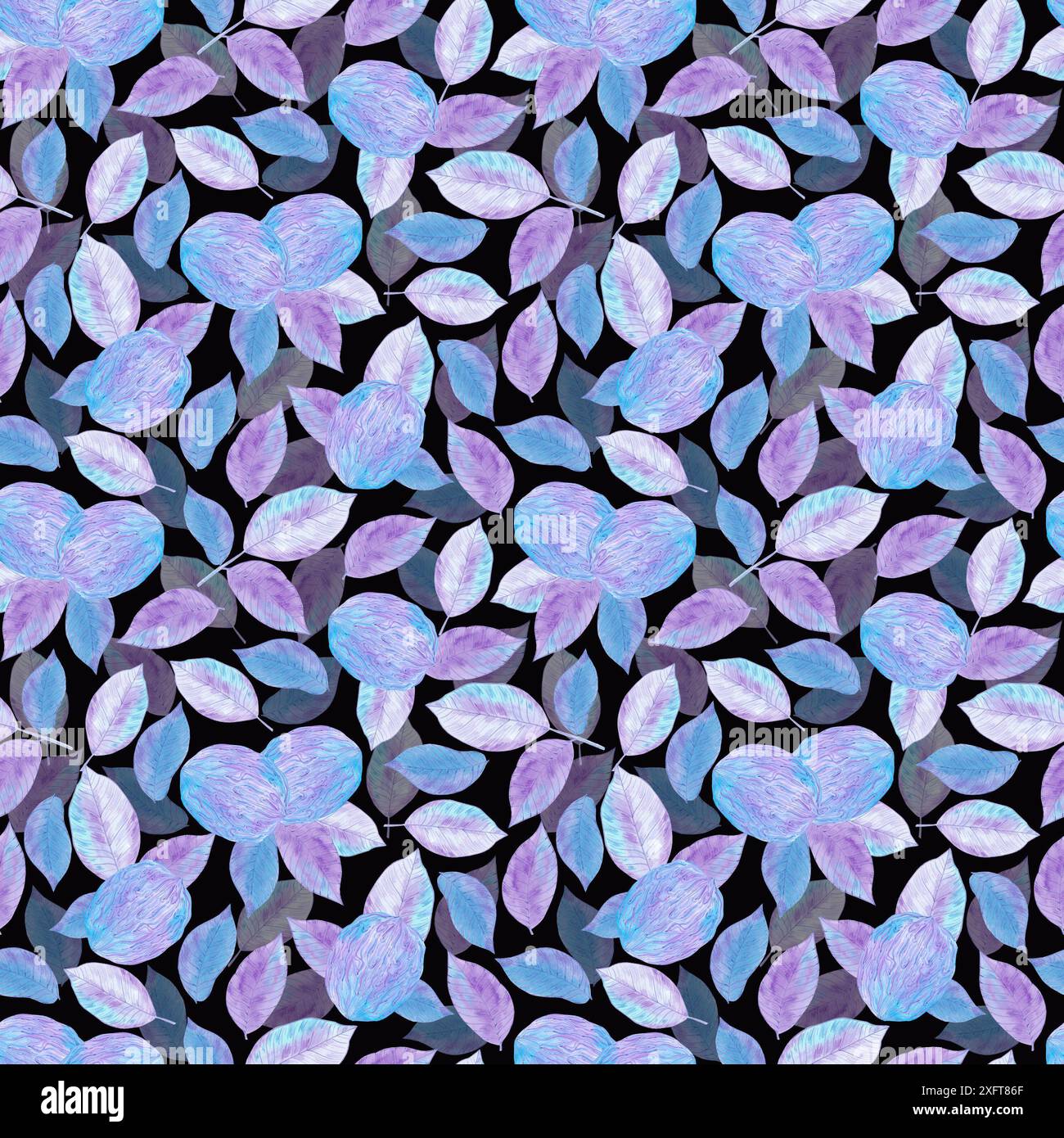 Hand drawn watercolor purple walnut with leaves seamless pattern ...