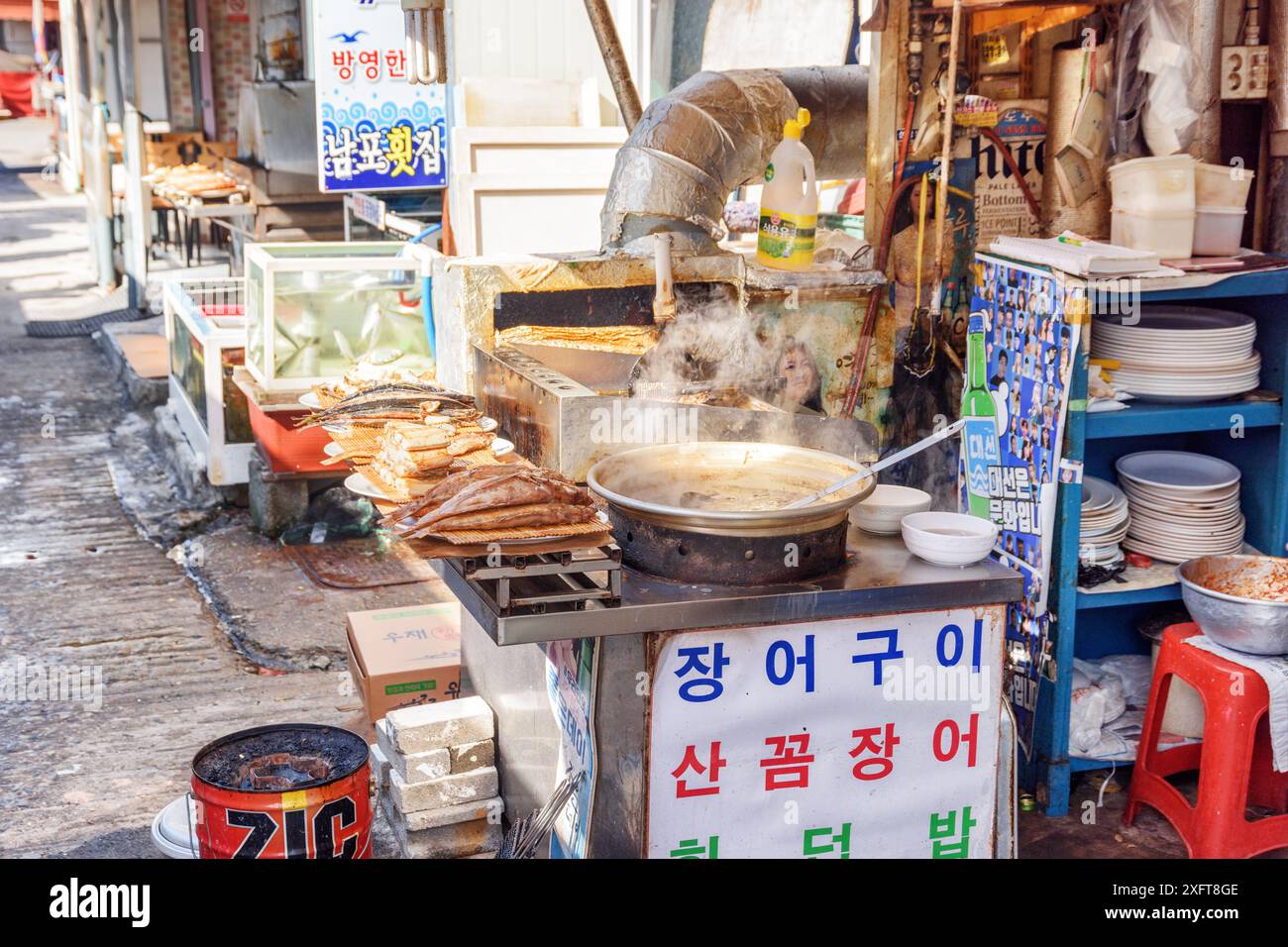 Busan, South Korea - October 7, 2017: Pot of traditional Korean soup ...