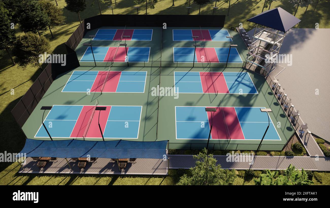 Aerial view pickleball court displaying red, blue, and green colors ...