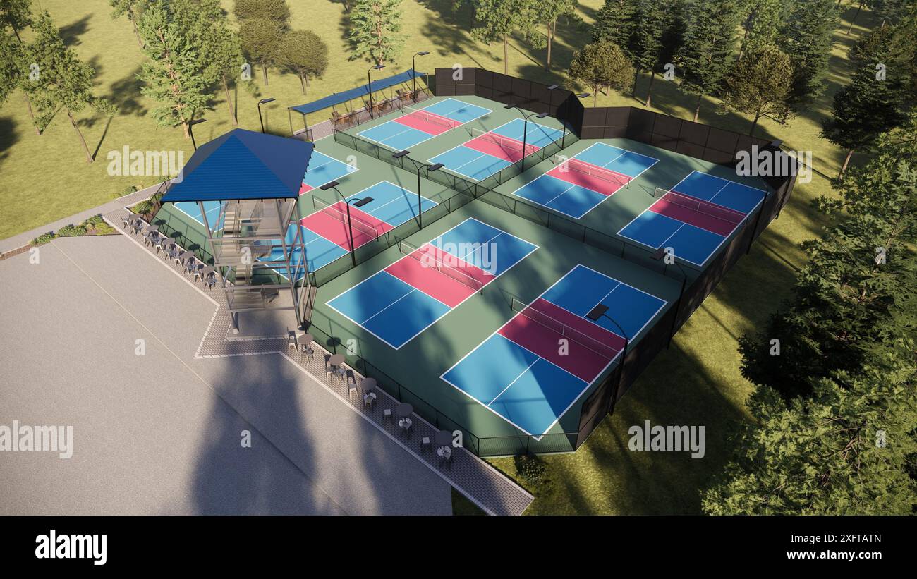 Aerial view rural pickleball court with a red, blue, and green color ...