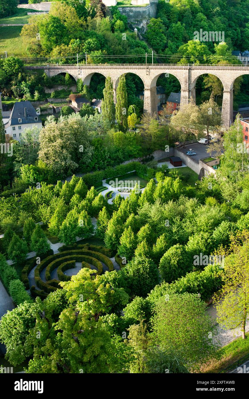 View at maze and railway bridge over Alzette river in Luxembourg city ...