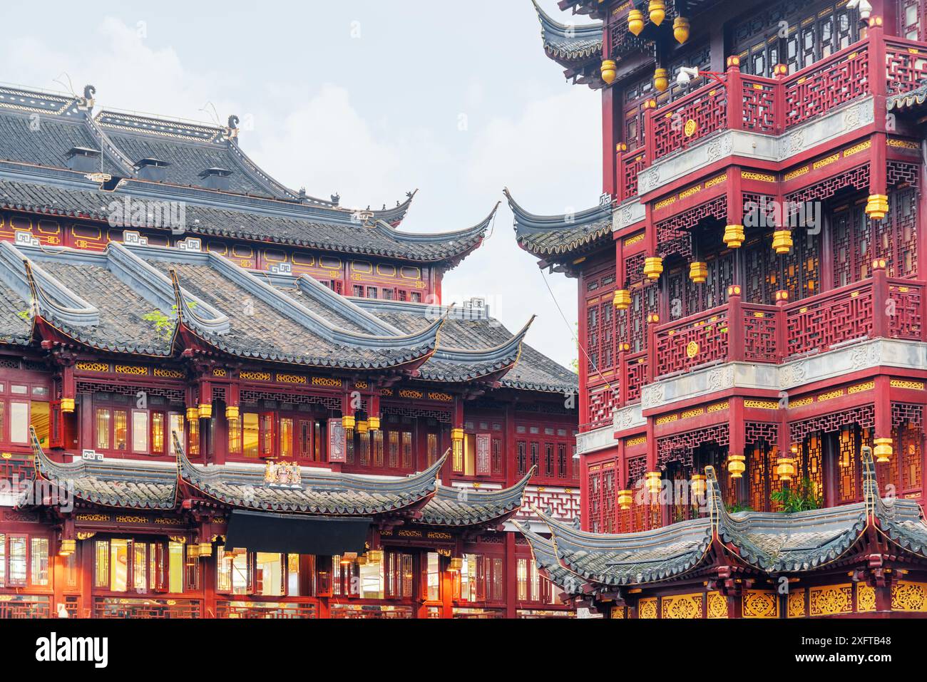 Scenic view of traditional Chinese red wooden buildings with black ...