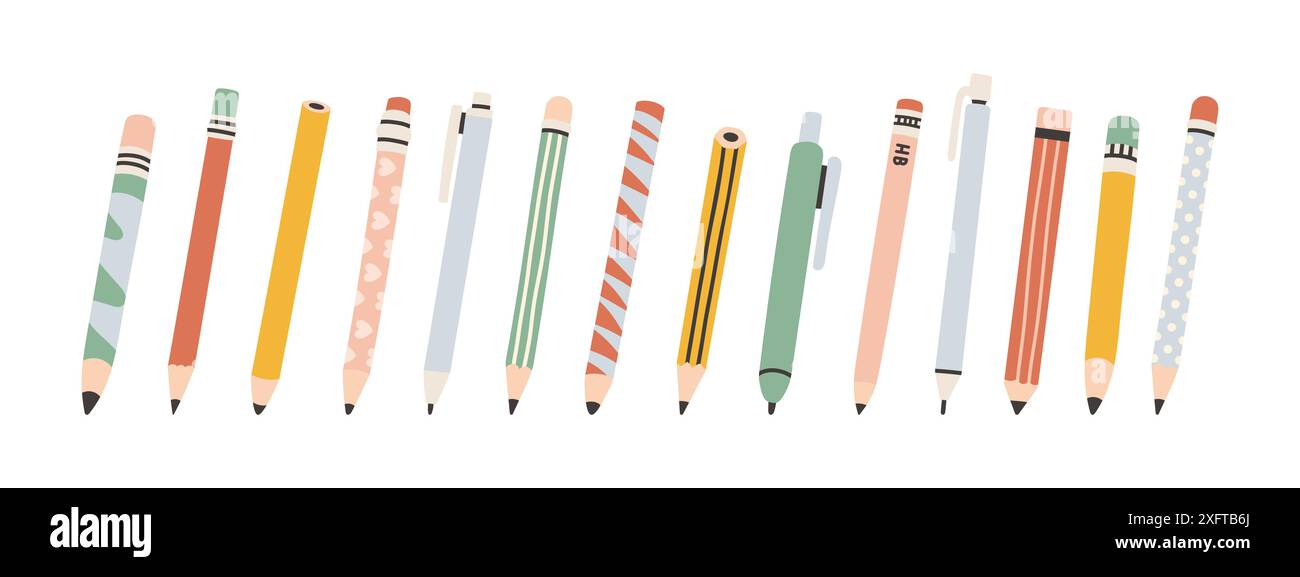 Cute pencil set. Collection of pencils. Cute design in pastel colors ...