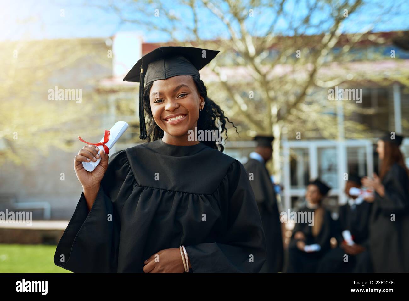 Graduation, portrait and black woman with certificate at university ...