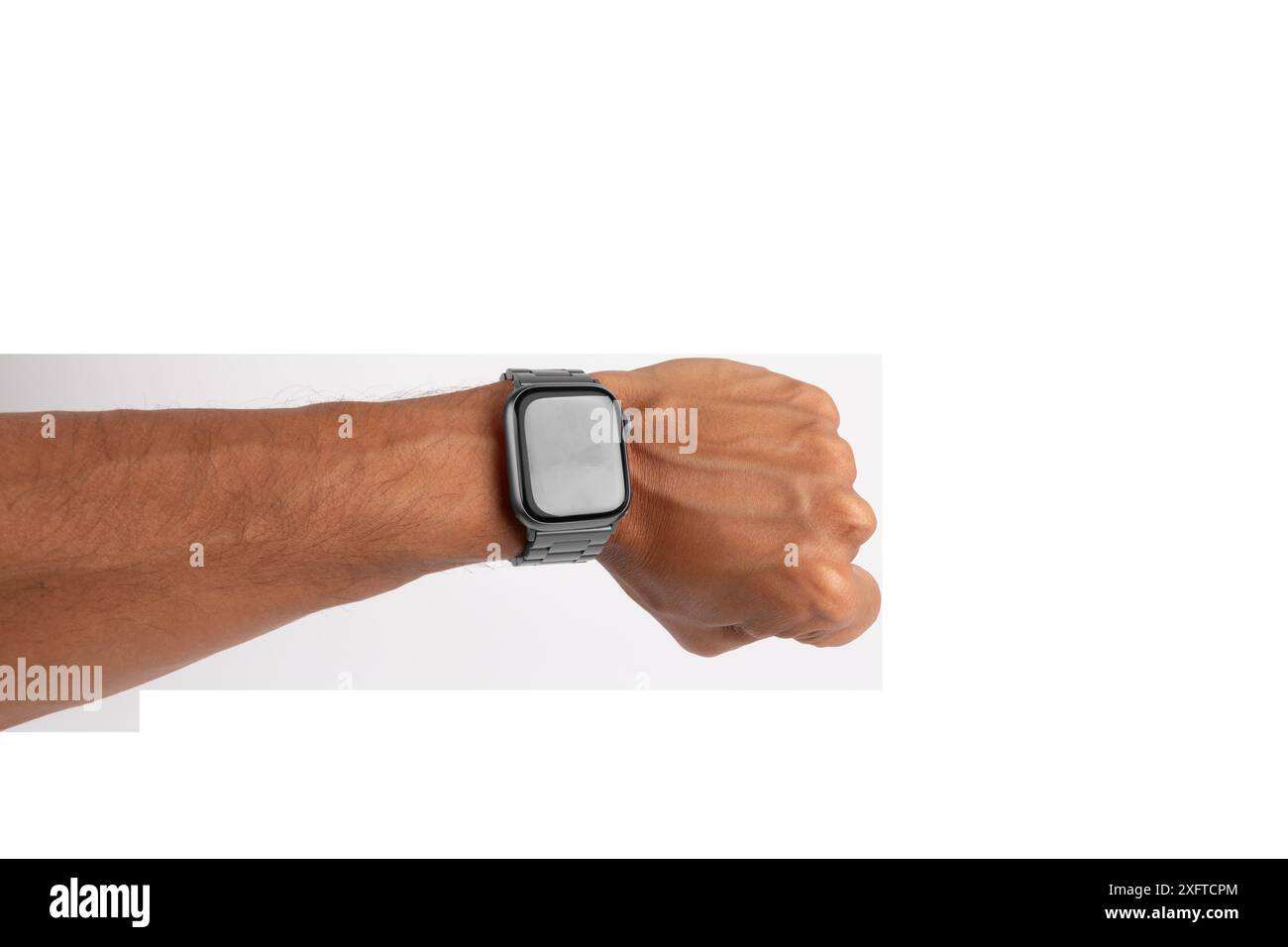 Male hand wearing a metal smartwatch isolated on white background blanc ...