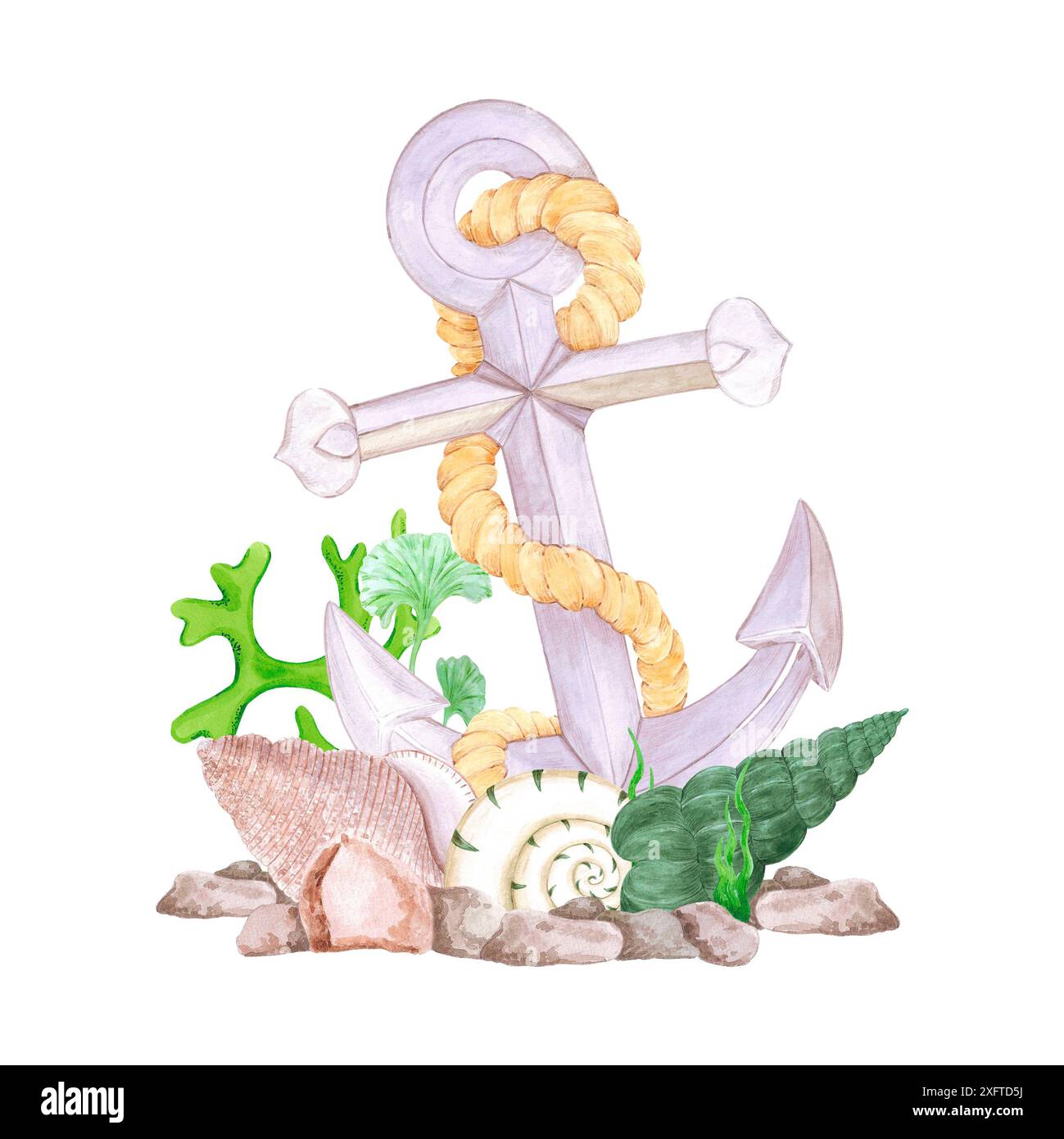 Hand drawn watercolor anchor and seashells composition isolated on ...