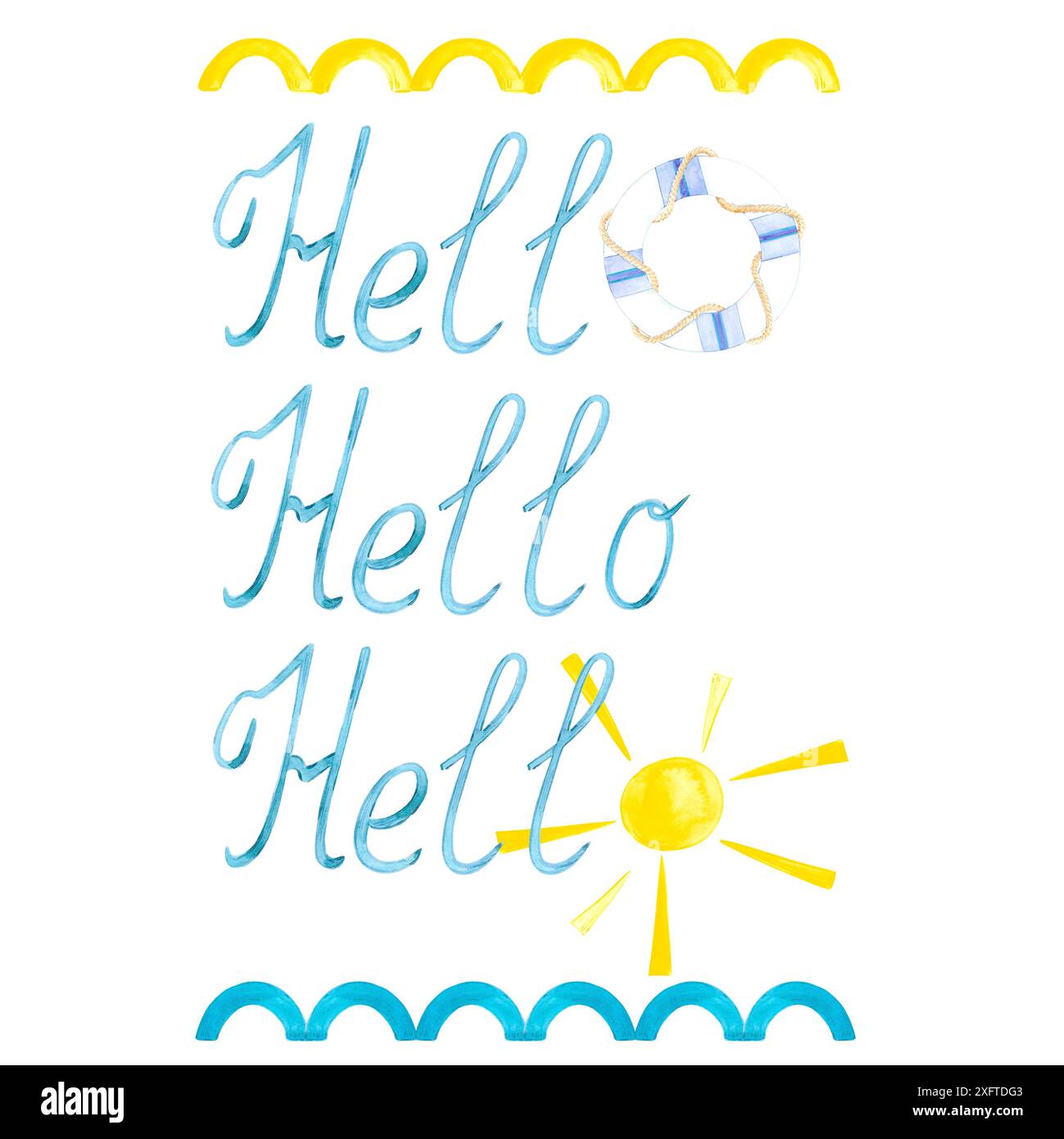 Hand drawn watercolor hello text with lifeline and sun composition ...