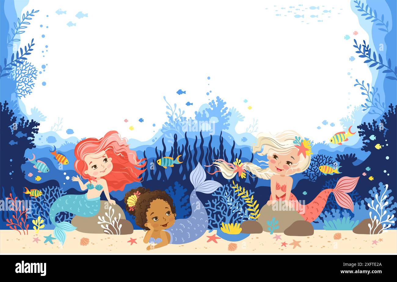 Hand drawn vector illustration of a cute mermaids. Cartoon background ...