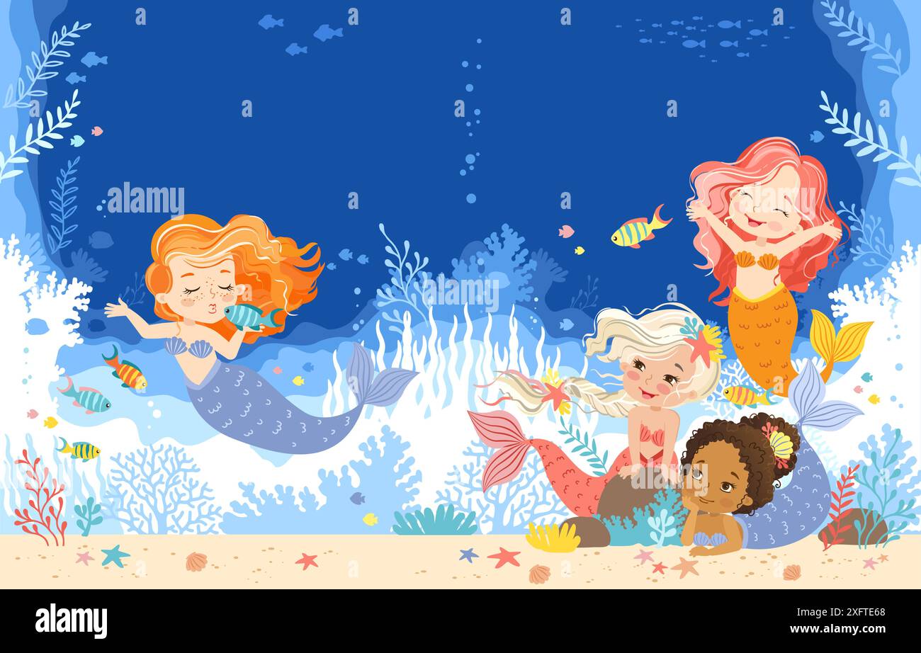 Hand drawn vector illustration of a cute mermaids. Cartoon background ...