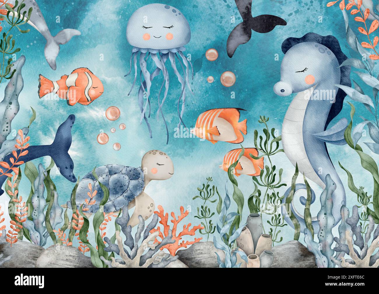 Image of Underwater Animals. Cute undersea bundle with whale, seahorse ...