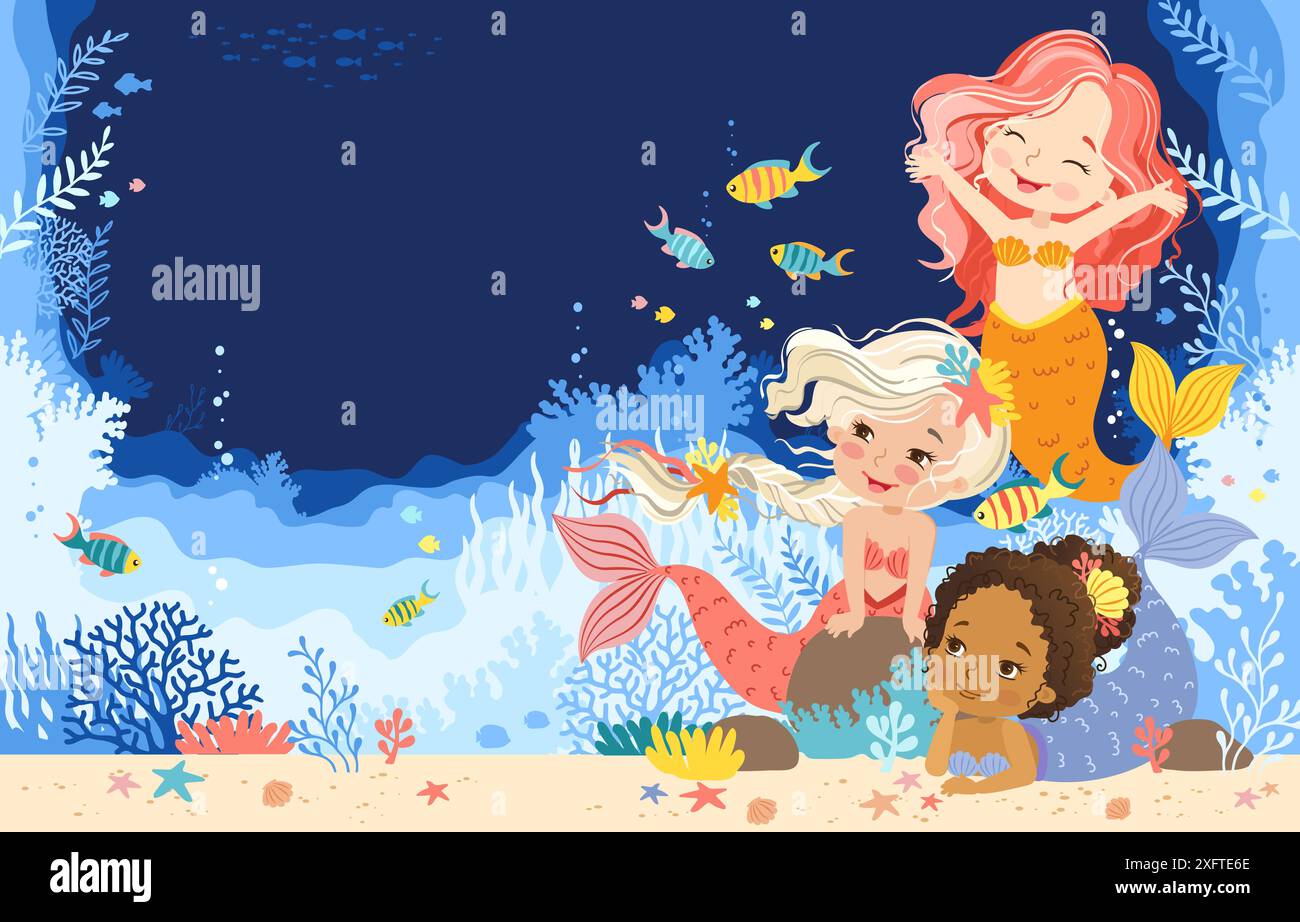 Hand drawn vector illustration of a cute mermaids. Cartoon background ...