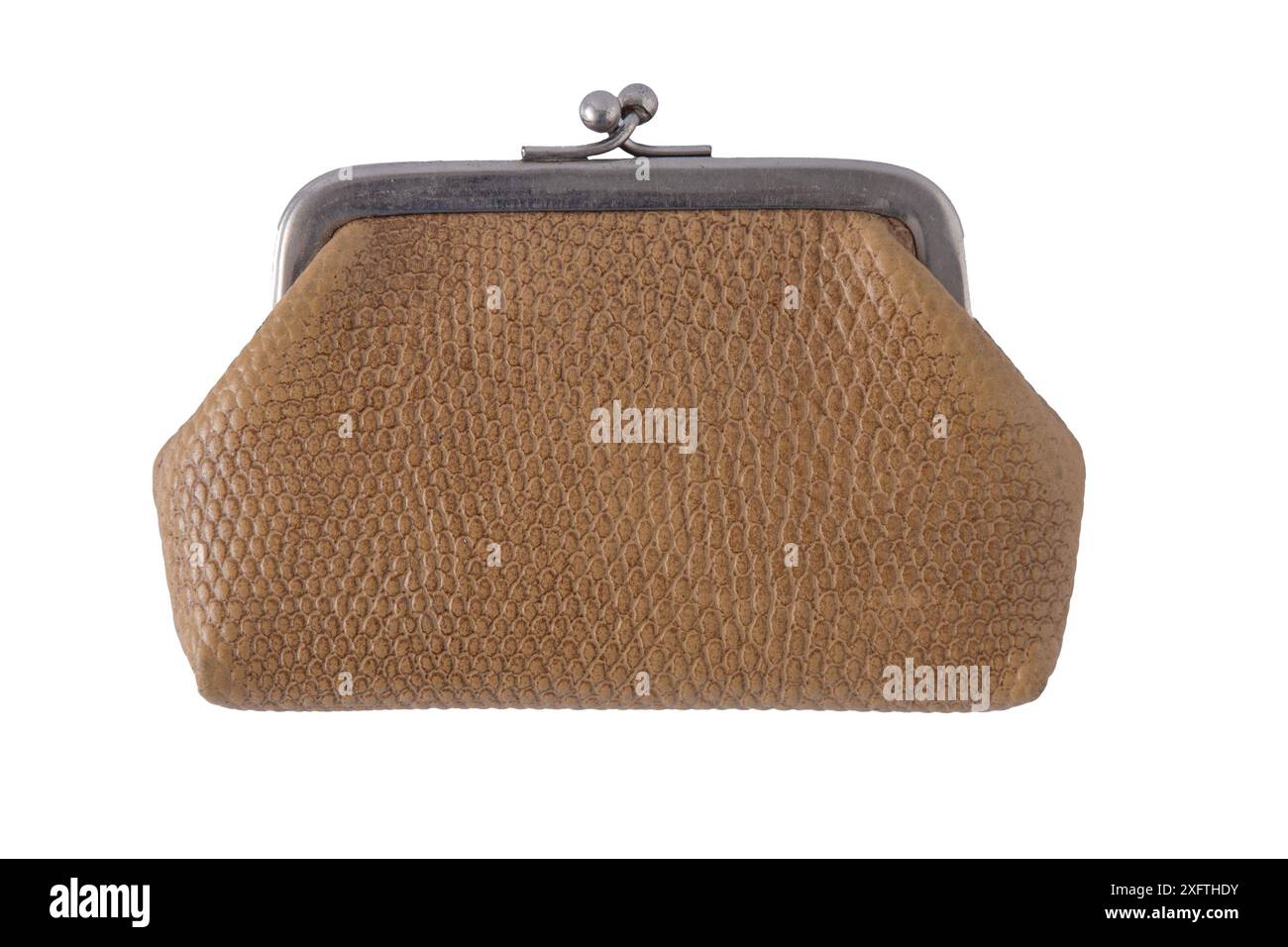 Old wallet isolated on white background. Brown leather, metal lock ...