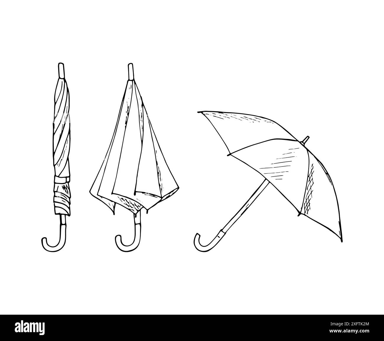 Hand-drawn umbrella. Folded, closed, and opened parasol. Isolated ...