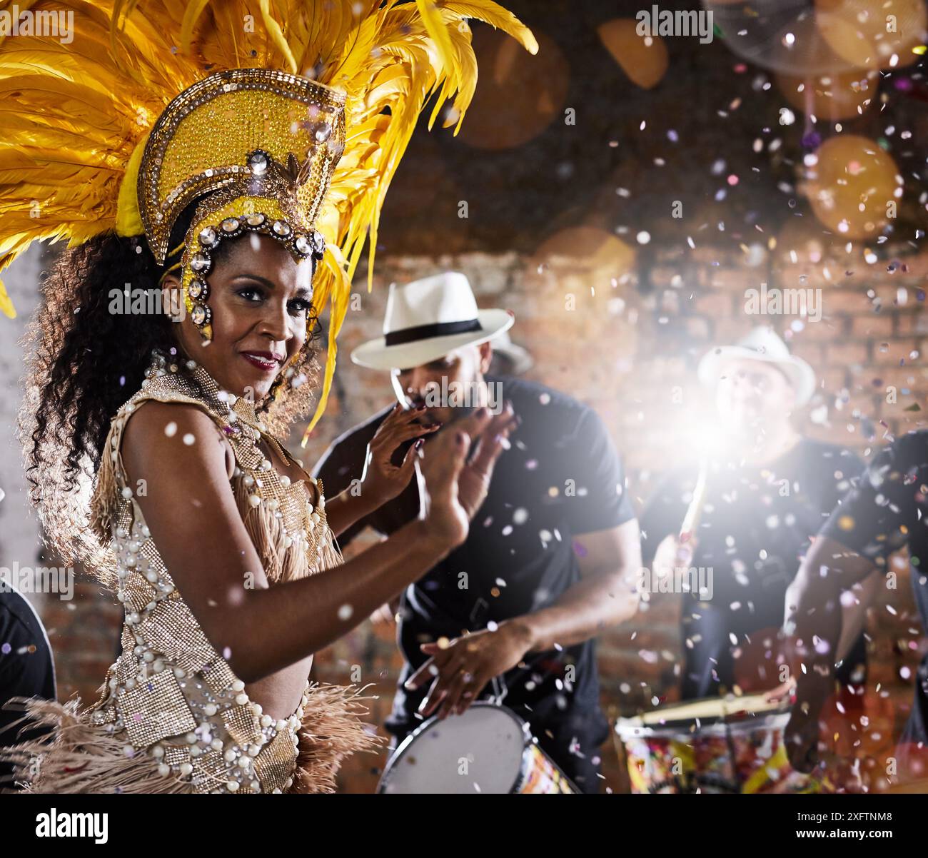 Woman, band and carnival as samba performance with music, parade and ...