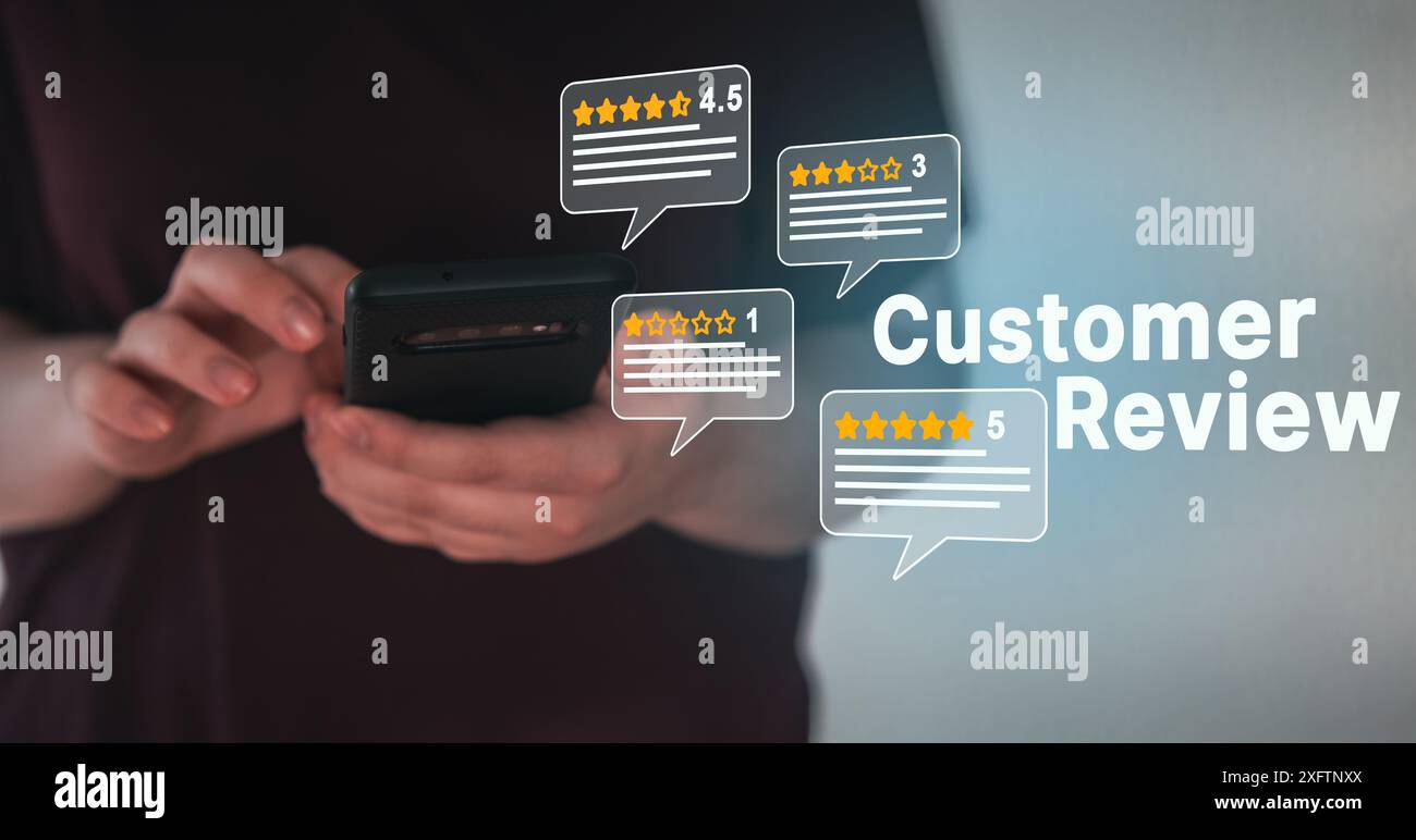 Customer satisfaction reviews concept. Woman rate service experience on ...