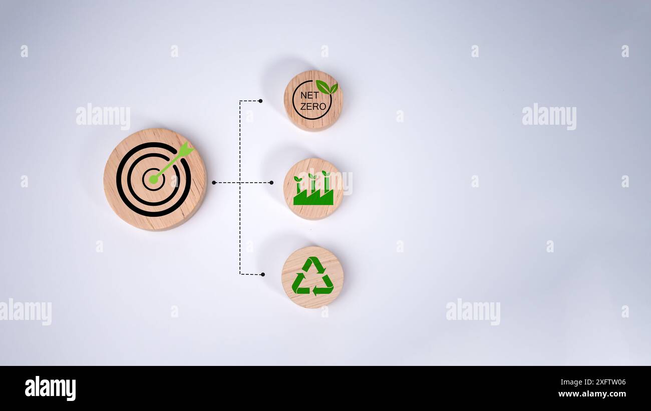 Net zero green house gas emissions target. A circular wooden board with ...
